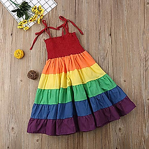 Toddler Kids Girls Summer Dress Rainbow Sleeveless Halter Beach Tutu Sundress One Piece (Rainbow Dress, 6-7 Years)