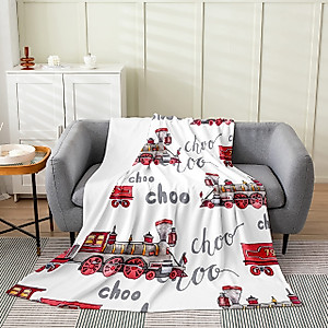 Train Throw Blanket Throw Size, Equipment Trucks Fleece Blanket Construction Vehicle Tractor Fuzzy Blanket for Kids Boys Bed Sofa, Cartoon Watercolor Flannel Blanket, Cute Red Car Plush Bed Blanket