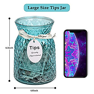 Glass Tip Jar for Bartenders, Musicians, and Restaurants - Large Money Jar for Collecting Tips. (BLUE)