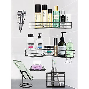GOJUSO 2 Size Corner Shower Caddy Hair Dryer Holder Wall Mounted Toothbrush Holder Phone Stand for Desk No Drilling Hanging for Bathroom/Kitchen/Rustproof