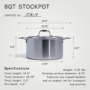 Made In Cookware - 8 Quart Stainless Steel Stock Pot With Lid - 5 Ply Stainless Clad - Professional Cookware - Crafted in Italy - Induction Compatible