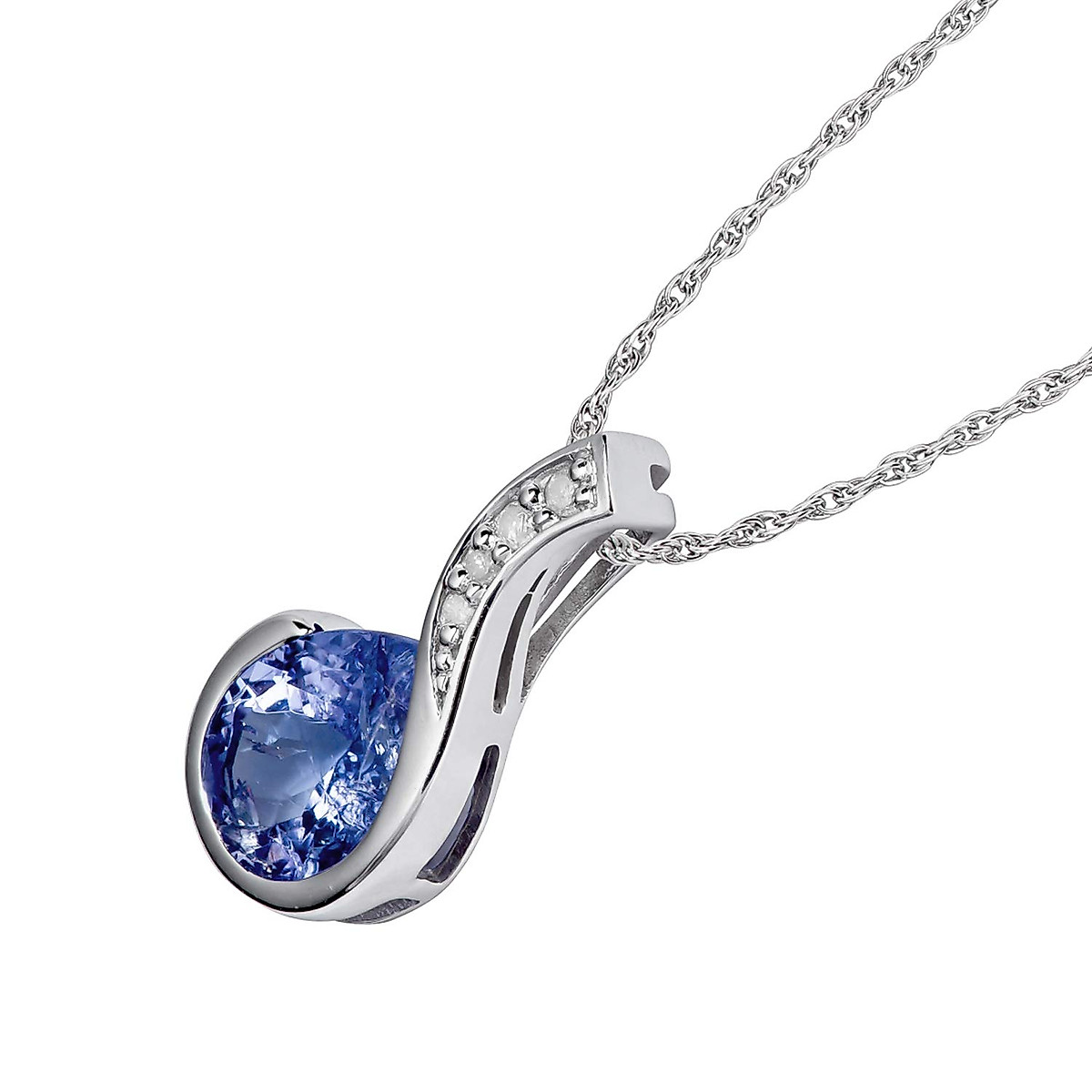 10k White Gold Genuine Pear-Shape Tanzanite and Diamond Drop Pendant Necklace