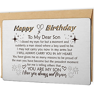 YODOCAMP Son Birthday Card from Mom, Happy Birthday Son Gifts, Metal Engraved Greeting Card for Son Birthday, Son Wallet Insert Card from Parents