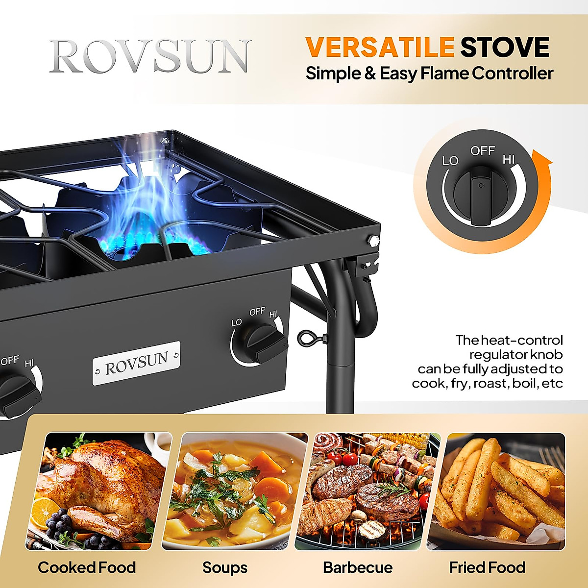 ROVSUN 3 Burner Gas Stove with 2 Side Shelves, 225,000BTU Portable Propane Stove with Removable Leg, Wind Panel, Regulator for Camping Home Backyard Outdoor Cooking Brewing Canning Turkey Frying
