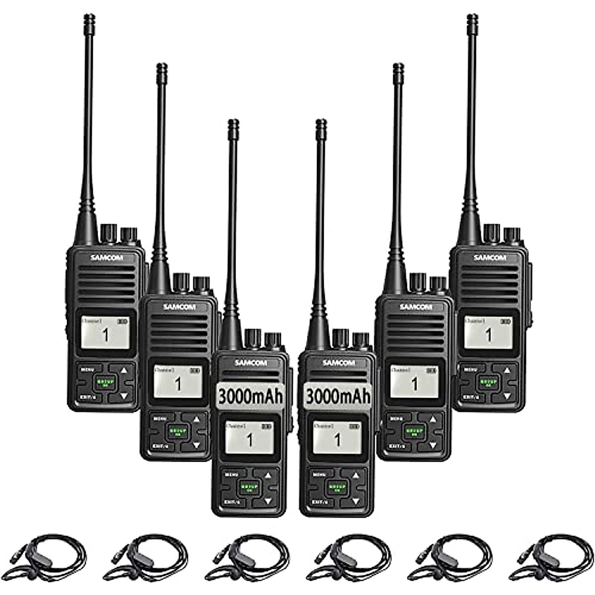 SAMCOM Two Way Radios Long Range Walkie Talkies for Adults with Headphones,20 Channel Programmable Handheld 2 Way Radio Rechargeable with 3000mAh Battery and Charger（6 Pack）