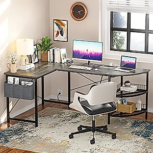 Unikito L Shaped Desk with Power Outlet, 98.4" Reversible Corner Computer Table with Storage Shelves and Bag, Modern 2 Person Large Long Desk for Home Office Writing Study Workstation, Black Oak