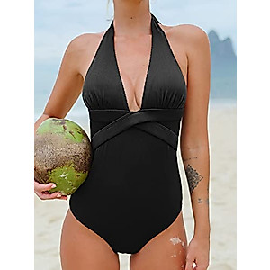 CUPSHE One Piece Swimsuit for Women Ribbed Bathing Suit Deep V Neck Halter Wrap Front Backless Solid Swimwear M, Black
