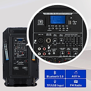 PA Speaker System - Active Bluetooth Compatible Speaker with USB, 15 inch Rechargeable Powered Dj, 2 Wireless Microphone.