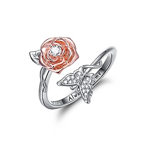 WINNICACA Butterfly Rose Ring 925 Sterling Silver Rose Flower Butterfly Rings for Women Adjustable Wrap Open Rings Jewelry Gifts for Women Her Bride Bride Birthday Gifts