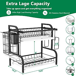 C&AHOME 2-Tier Dish Drying Rack, Large Capacity Stainless Steel Dish Drainer with Utensil Holder, Knife Holder, Cutting Board Holder, 3 Removable Drain Board and Adjustable Feet for Kitchen Black