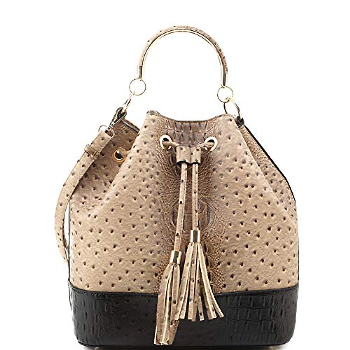 Boho Tassel Ostrich Print Vegan Leather Handle Bucket Handbag Satchel Wallet Set (Brown/Dark Brown)