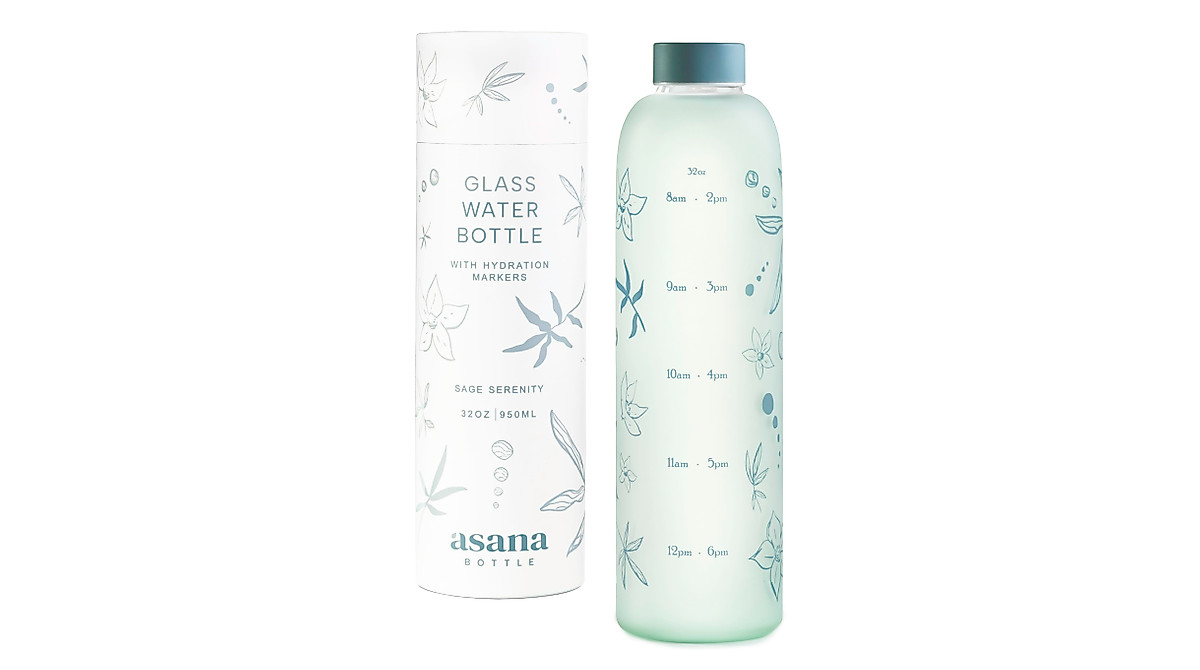 Asana Bottle 32 oz Glass Water Bottle with Time Marker, BPA Free ...