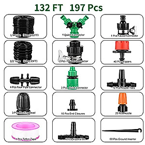 ZADEFERI Drip Irrigation Kit，164FT 197 Pack Garden Irrigation System 1/4'' 1/2'' Blank Distribution Tubing Watering Drip Kit Automatic Irrigation Equipment for Garden Greenhouse，Flower Bed，Patio，Lawn