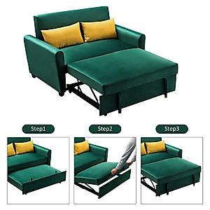 Couch with Pull Out Bed, Sleeper Couch Small Velvet Sofa with 2 Seats Sofa and Reversible Chaise, for Living Room Bedroom Small Space, 2 Lumbar Pillows, Compact, Green