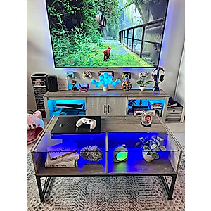 Bestier LED Coffee Tables for Living Room, Glass Center Table with Storage for Game Night. 42 Inch Large Living Room Tables Grey Wash