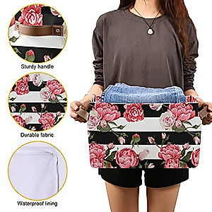 Oyihfvs Floral Peony and Roses Flowers On Black White Stripes Square Shelves Storage Basket Bin, Waterproof Laundry Hamper Bucket, Baby Nursery Organizer with Handles for Toys Clothes Room Closets