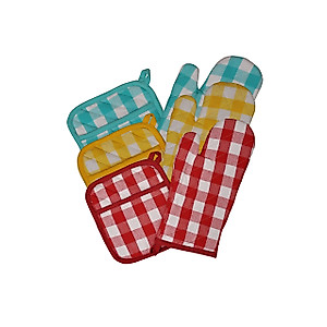 Yourtablecloth Set of Checkered Oven Mitt and Pot Holder or Oven Gloves-100% Cotton, Heat Resistance, Superior Protection & Comfort–Gingham Design-Machine Washable Red and White