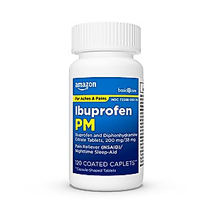 Amazon Basic Care Ibuprofen PM, Ibuprofen and Diphenhydramine Citrate Tablets, 200 mg/38 mg, Pain Reliever (NSAID)/Nighttime Sleep-Aid, 120 Count