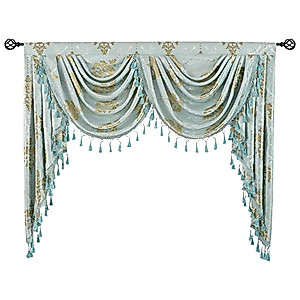 JADE POKE European Floral Valance for Windows Waterfall Valances for Living Room Aqua Tassels Valance for Bay Window - Damask Valance with Beads Swag Valance for Party Rod Pocket (1 Panel, W59 Inch)