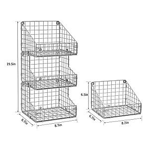 3 Tier Stackable Tea Bag Organizer with 5 Hooks Metal Wire Basket Coffee Condiment Snack Rack Holder Countertop Caddy Bin Wall Mount Shelf for Office Kitchen Cabinet Pantry-Silver Patent Desgin