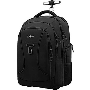 AMBOR Rolling Backpack, Waterproof Wheeled Backpack, Carry-on Trolley Luggage Suitcase Compact Business Backpack with Wheels, Student Rolling Laptop Bag Trolley Carry Luggage Fits 17 Inch - Black