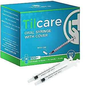 1ml Oral Dispenser Syringe with Cover 100 Pack by Tilcare - Sterile Plastic Medicine Droppers for Children, Pets & Adults – Latex-Free Medication Syringe Without Needle - Syringes for Glue and Epoxy