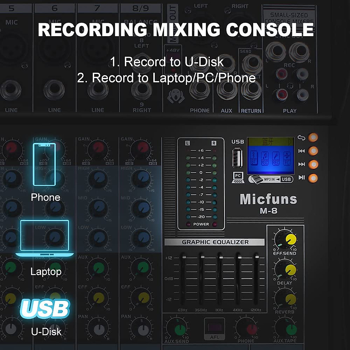 DJ Console Mixer Micfuns 8 Channel with Sound Board USB Bluetooth Audio Interface 48V Phantom Power Mixer Use for DJ Studio PC Recording Singing Webcast Party