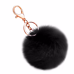 Soleebee Soft Artificial Rabbit Fur Keychain Plush Ball Key Ring Cute Pom Pom Bag Charm for Women Girls (Black)