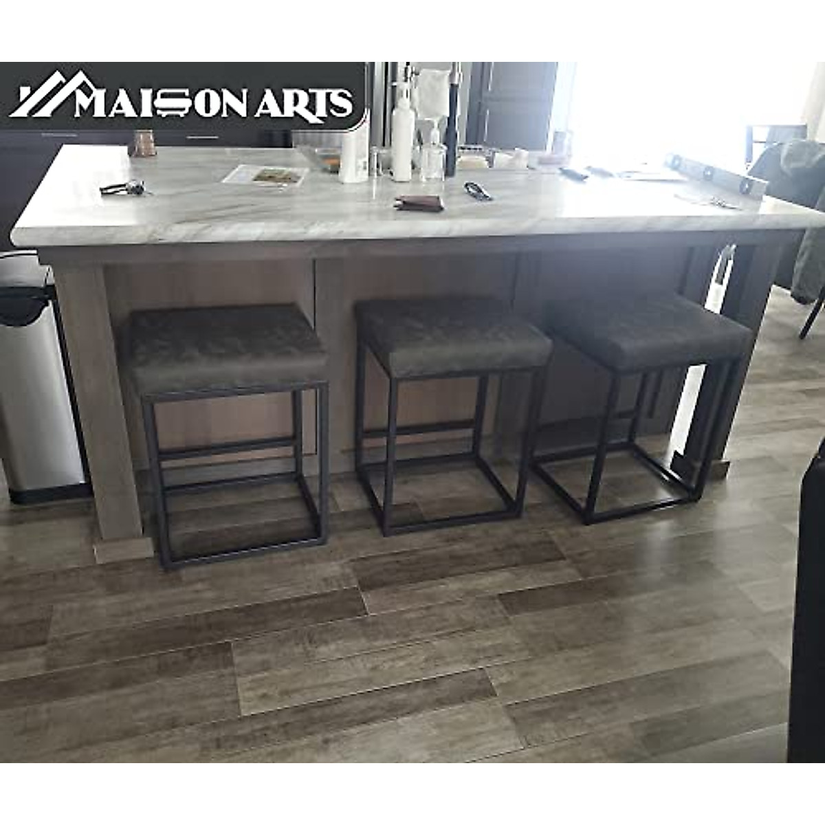 MAISON ARTS Counter Height 24" Bar Stools Set of 3 for Kitchen Counter Backless Modern Barstools Industrial Upholstered Faux Leather Stools Farmhouse Island Chairs,Support 330 LBS,(24 Inch, Grey)