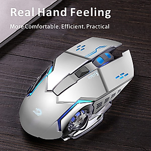 Uciefy Q85 Rechargeable Wireless Gaming Mouse, 2.4G LED Optical Silent Wireless Computer Mouse with 4 LED Light, 3 Adjustable DPI, Ergonomic Design, Auto Sleeping (Silver)