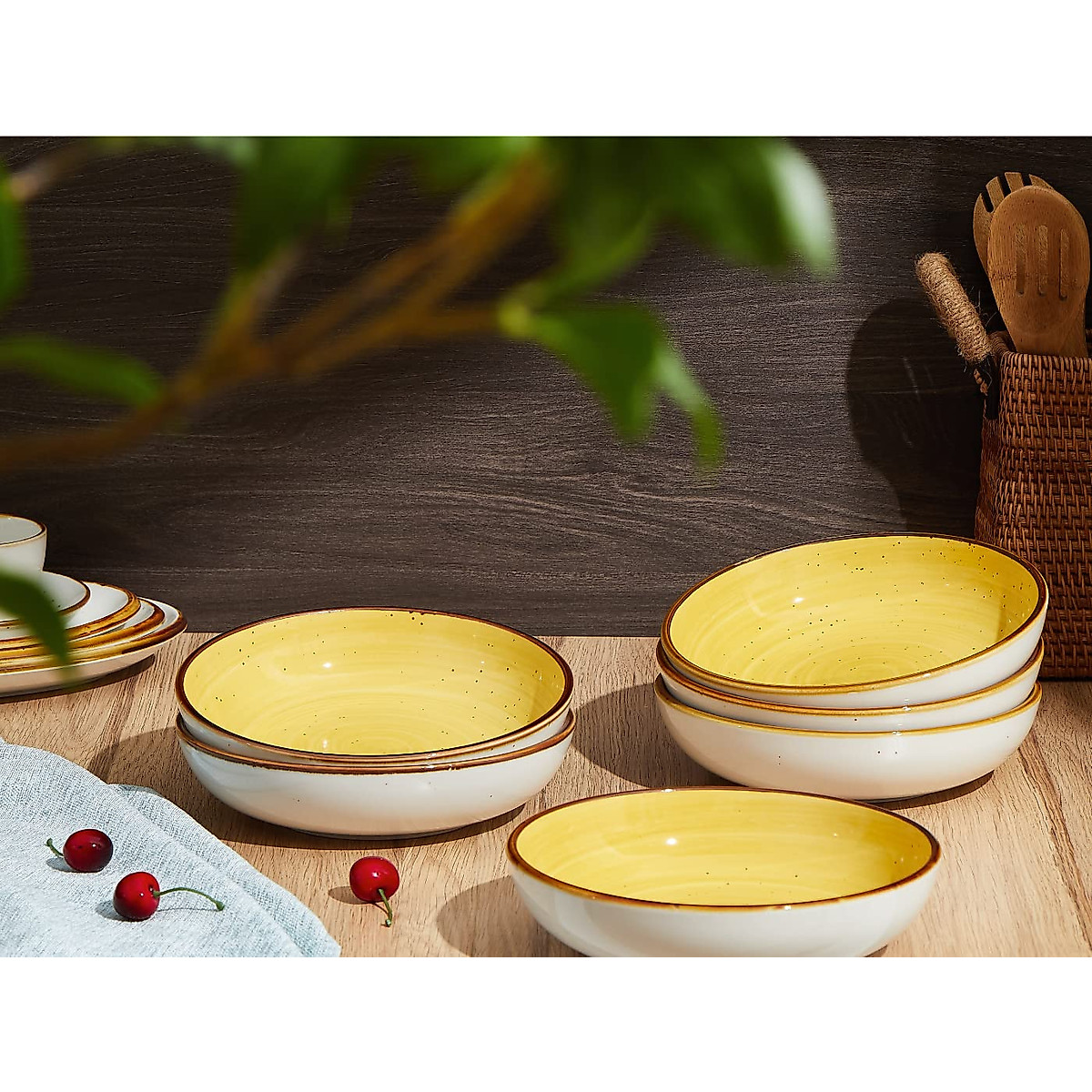 ONEMORE 10.5 inch Dinner Plates and 30 oz Pasta Bowls Bundle - Microwave, Oven and Dishwasher Safe - Yellow