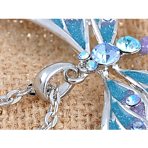 Alilang Womens Blue Purple Glitter Enamel Rhinestone Dragonfly Pendant Necklace Over Silvery Tone