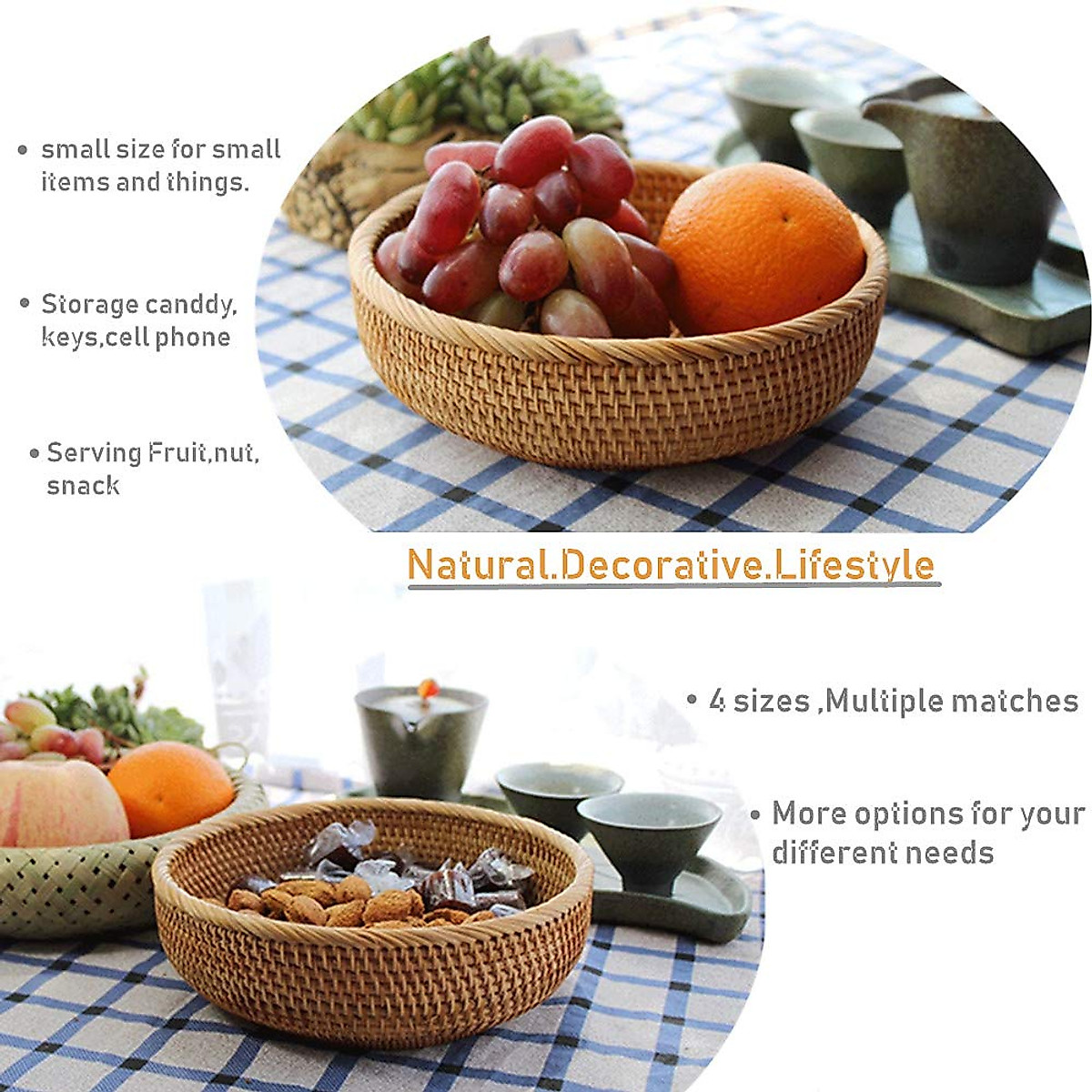 amololo Hadewoven Round Rattan Fruit Basket Wicker Food Tray Weaving Storage Holder Dinning Room Bowl, 8 Inch Small Bread Baskets Tray for Serving with Deep Wall, Brown (Small 7.48”)