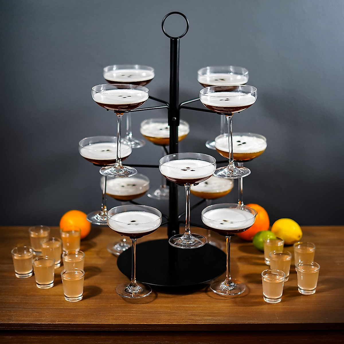 Tree Bar Cocktail Tree Stand, Black Metal Display Stand For Wine, Champagne, Cocktails, and Shot Glasses at Weddings, Parties, and Brunch - 12 holders, 2 ft tall