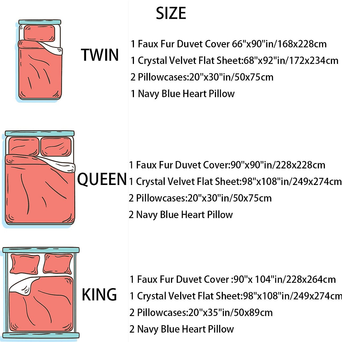 6Pcs Fluffy Faux Fur Duvet Cover Sets,Fuzzy Plush Shaggy Bedding Set(1Faux Fur Quilt Cover with Velvet Fabric Inner+1Flannel Flat Sheet+2 Shaggy Pillowcases+2 Heart Pillows) Zipper Closure Navy King