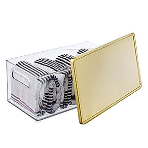 mDesign Plastic Bathroom Storage Organizer Bin - Stackable Box with Handles and Steel Lid - Perfect for Makeup and Medicine Organization - 15" Long - Ligne Collection, 2 Pack, Clear/Soft Brass