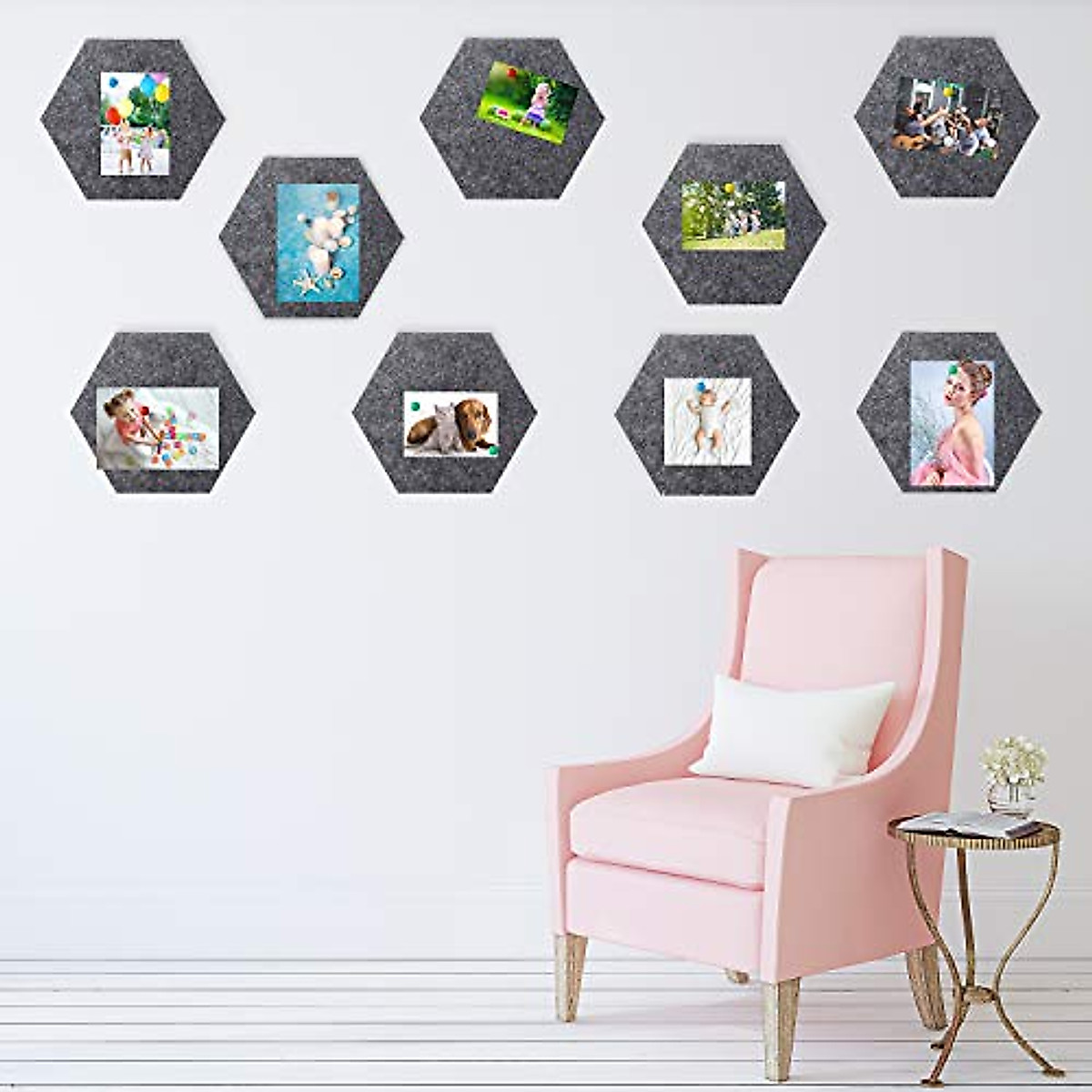 10 Packs Pin Board Hexagon Felt Board Tiles Bulletin Board Memo Board with 20 Pieces Push Pins, Decoration for Home Office Classroom Wall (Dark Gray, 5.9 x 7 Inches/ 15 x 17.7 cm)