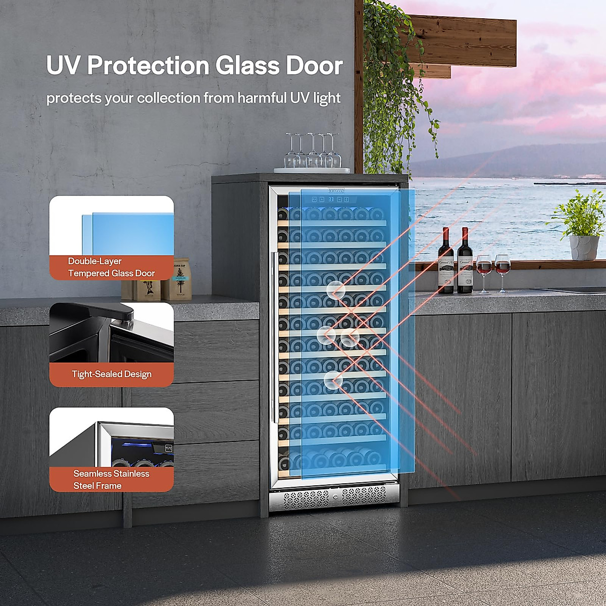 Empava 24" Refrigerator 127 Bottles Single Zone Built in or Freestanding Compressor Fridge Chiller Wine Cooler with Wood Shelves, 24 Inch, Stainless Steel