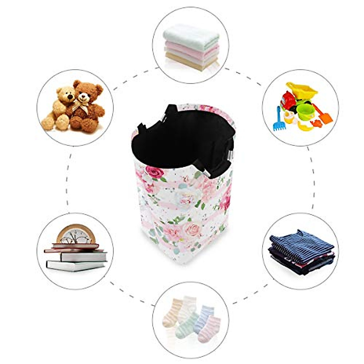 Laundry Basket Pink Rose Flowers Laundry Hamper Portable Foldable Clothes Organizer with Handles Storage Bag for Kids Room Bathroom
