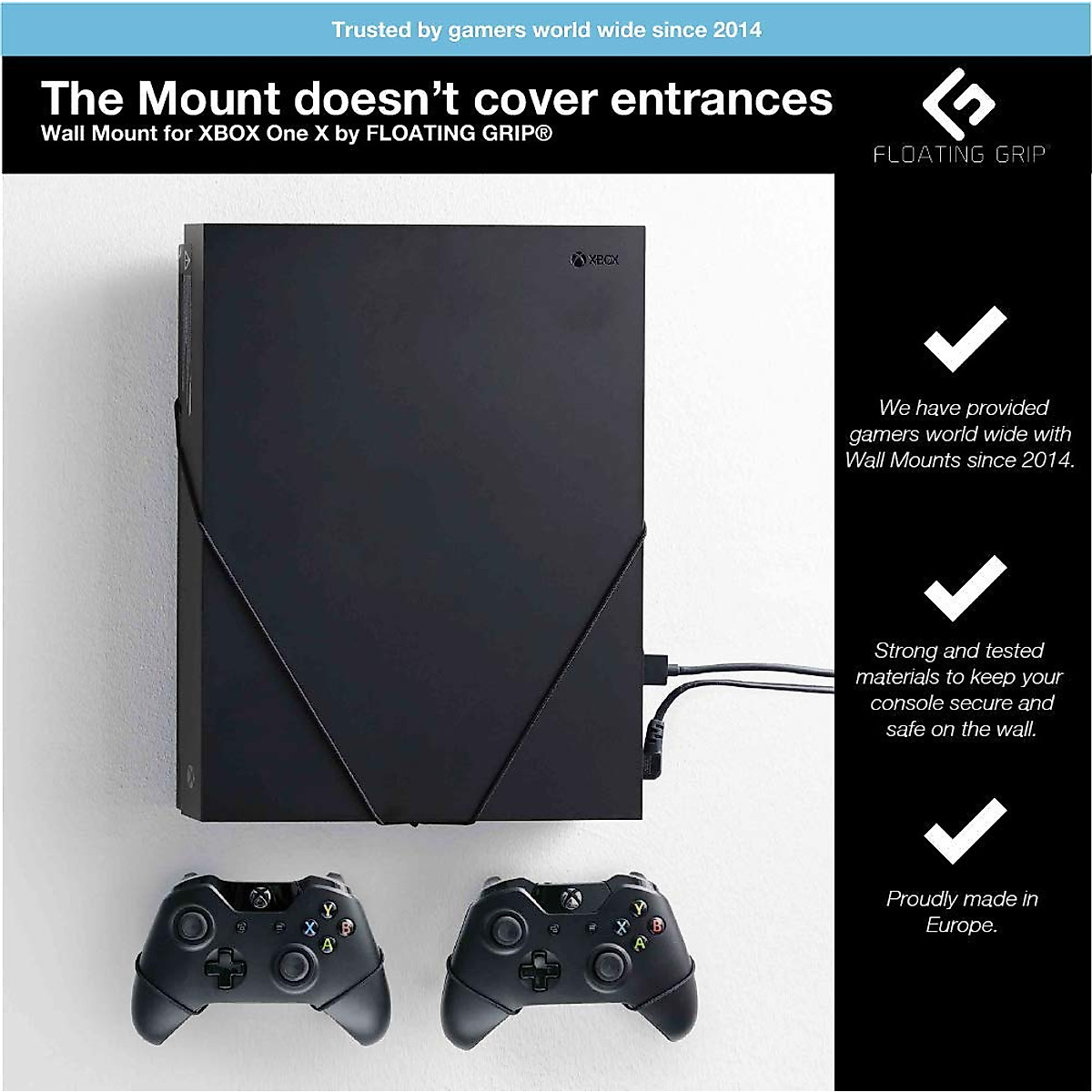 Xbox One X Wall Mount by FLOATING GRIP - Mounting Kit for Hanging Gaming Consoles - Strong & Slim Ropes - Easy-to-Install System (Bundle: Fits Xbox One X + x2 Controllers, Black)