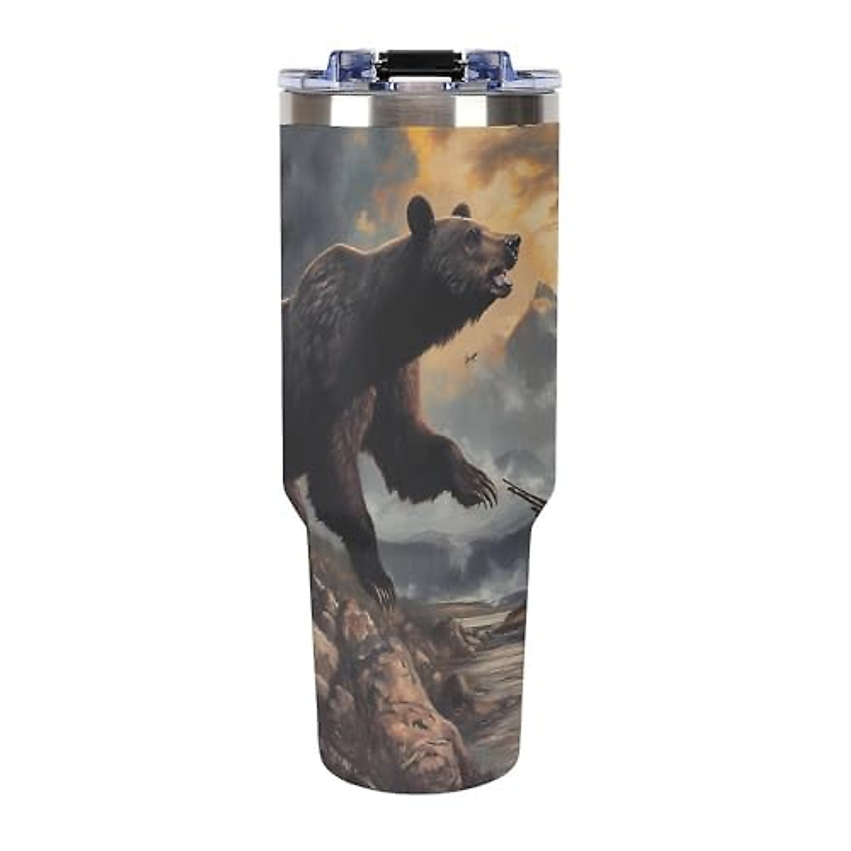 Bear Hunting Insulated Tumblers with Handle Stainless Steel Coffee Mug Funny Travel Cup with Lid Straw 40oz