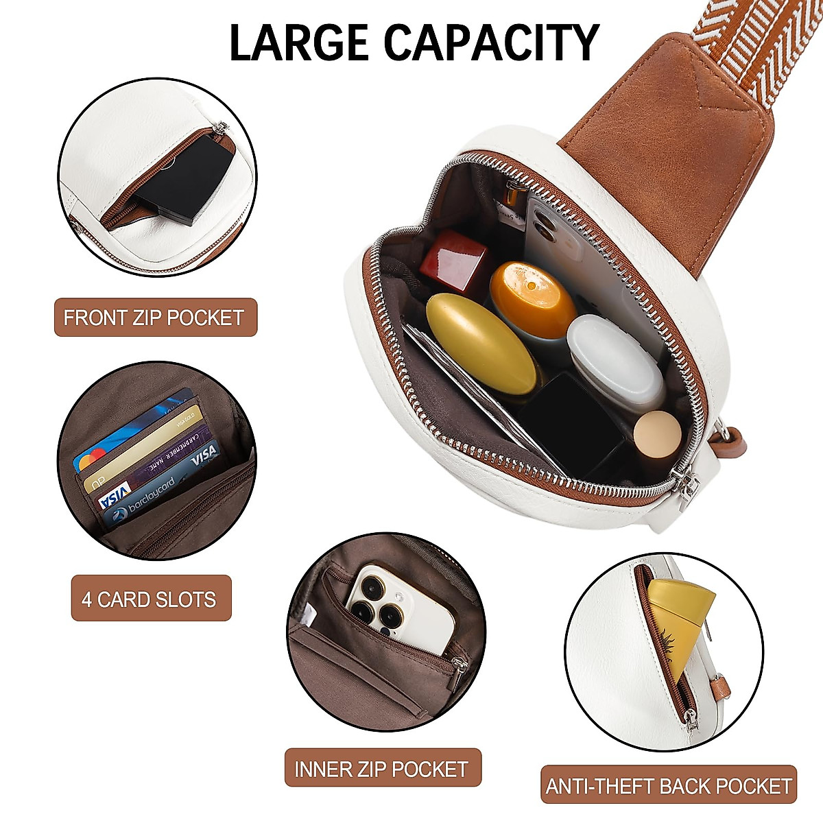 CLUCI Small Sling Bag for Women Crossbody Purse, Leather Fanny Packs with Guitar Strap, Cross Body Bag Women Off White with Brown