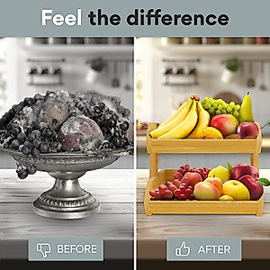 GET SORTED Bamboo 2 Tier Fruit & Vegetable Basket with Banana Hook for Kitchen Counter - Two Tier Countertop Design Perfect For Fruit, Vegetables, Snacks and More!