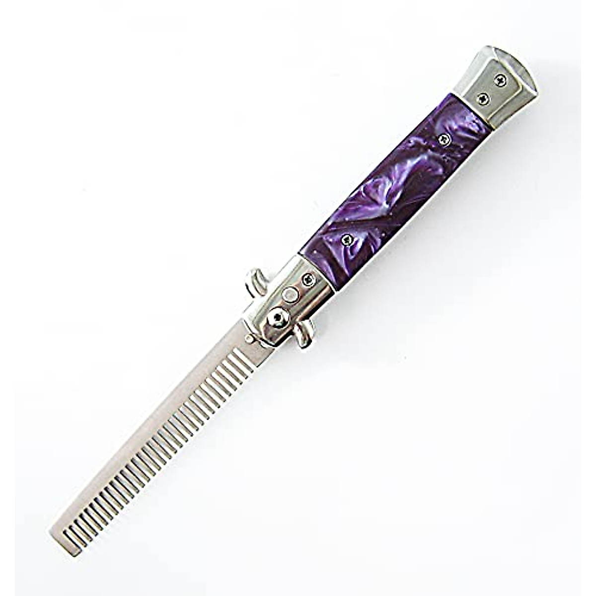 Dark Knight Automatic Switchblade Comb Folding Like Pocket Knife - Metal Blade Italian Style Brush For Men Hair Mustache Beard - Pearl Handle (Purple)