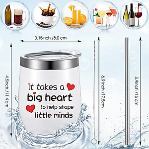 2 Pack Funny Teacher Appreciation Present, It Takes a Big Heart to Shape Little Minds, 12oz Double Wall Vacuum Teacher Cup with Lid Straw, Wine Glasses for Teacher (White and Black Words)