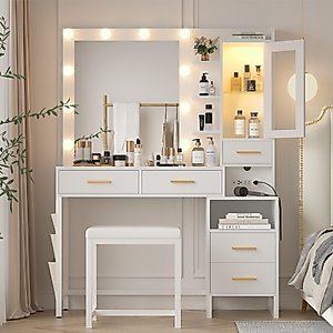CSZZD Makeup Vanity Desk with Mirror and Lights, White Vanity Desk with Charging Station, LED Cabinet, 5 Drawers & Storage Bag, Vanity Mirror with Lights Desk and Chair, Vanity Table Set with Stool
