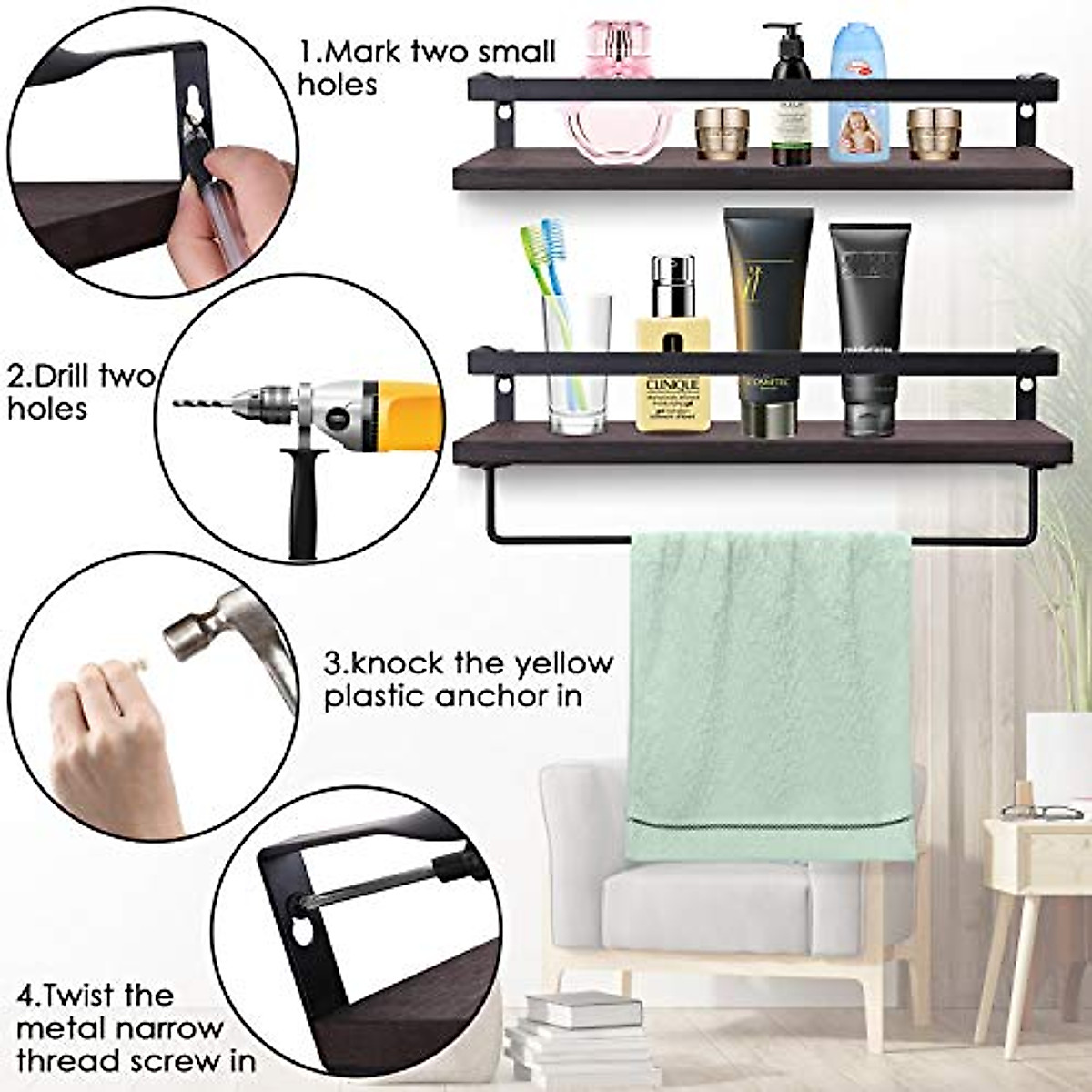 Floating Shelves Wall Mounted, 2 Pack Decorative Storage Shelves with Removable Towel Holder and 5 Extra Hooks, Storage Shelves Organizer for Kitchen, Bathroom, Living Room and Bedroom, Gift for Mom