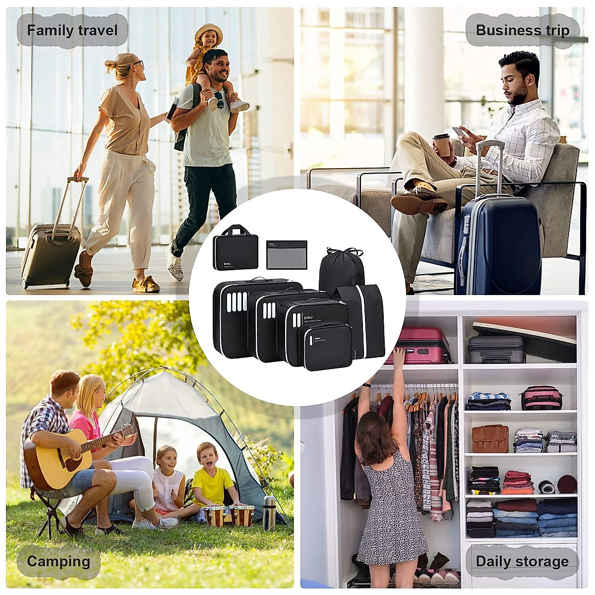 DIMJ Packing Cubes - 8 Packs Travel Organizer Bags for Luggage, Lightweight Travel Accessories, Travel Luggage Organizers with Laundry Bag, Shoe Bag, Toiletries Bag (Black)