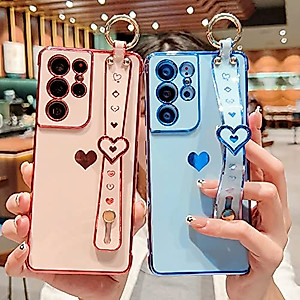 phylla for Samsung Galaxy S21 Ultra 5g Phone Case with Electroplated Cute Hearts Wrist Strap Kickstand Luxury Love Heart Full Camera Protection Cover Soft Shockproof Holder Bumper (Pink)