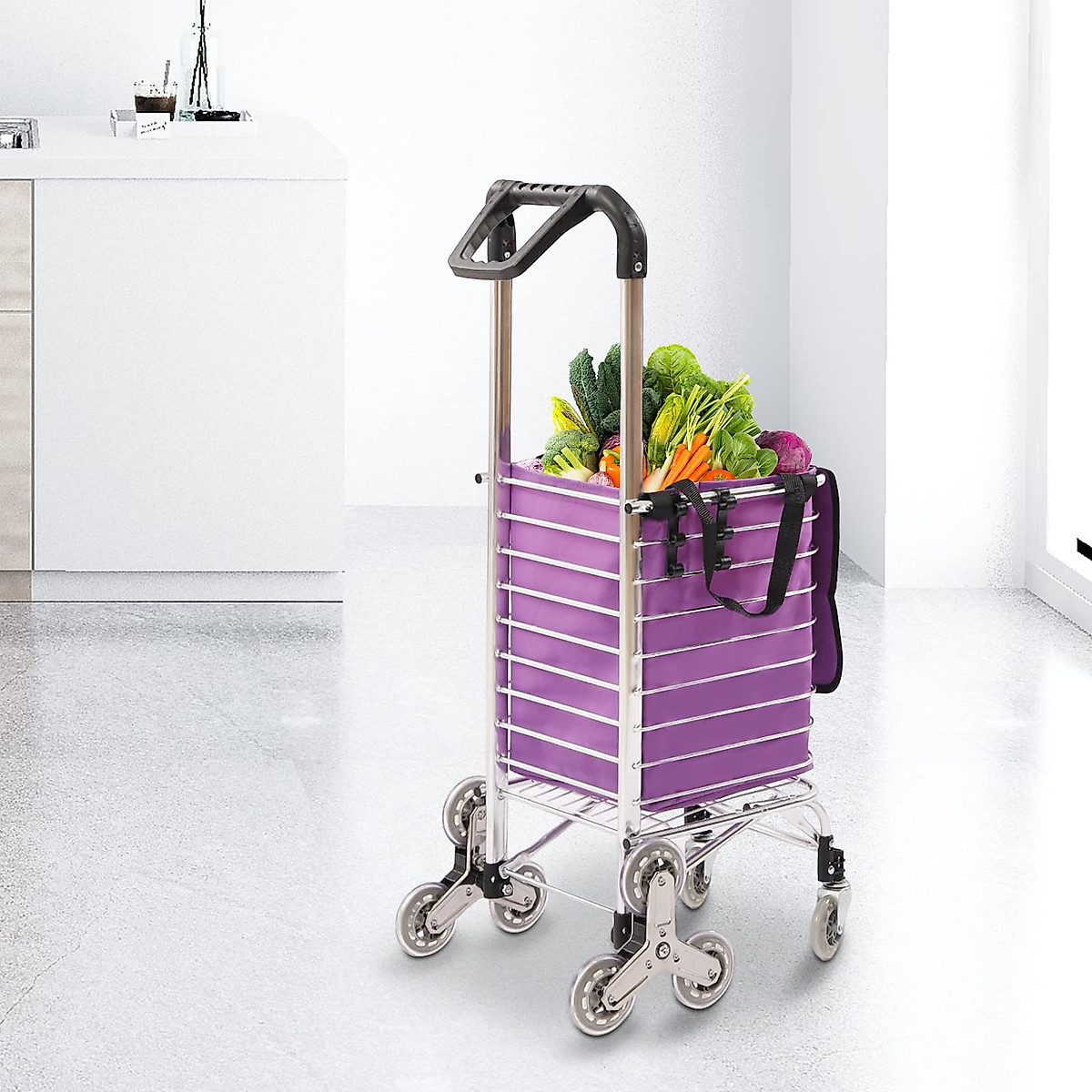 Vintoro 35L Multifunctional Cart Basket with Wheel, Portable Rolling Utility Cart, Compact Lightweight Collapsible Upgraded Shopping Cart, for Loading Vegetable Food Water Oil Beverage,Silver+Purple